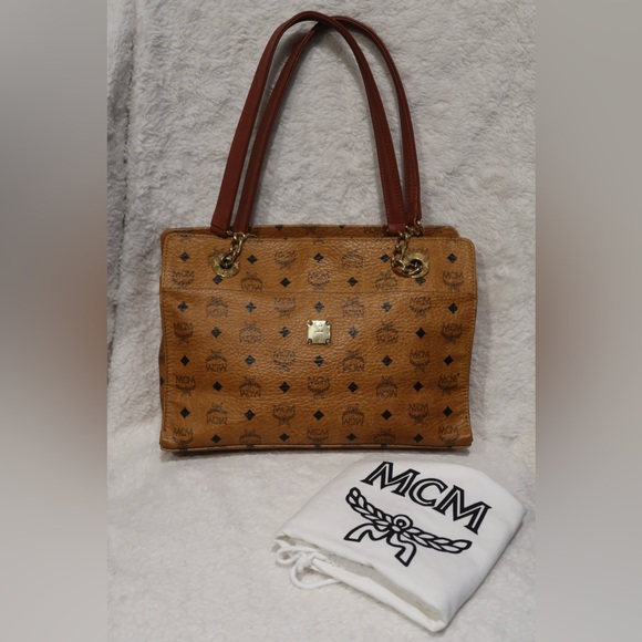 MCM | Bags | Authentic Mcm Cognac Monogram Visetos Chain Large Tote Bag ...